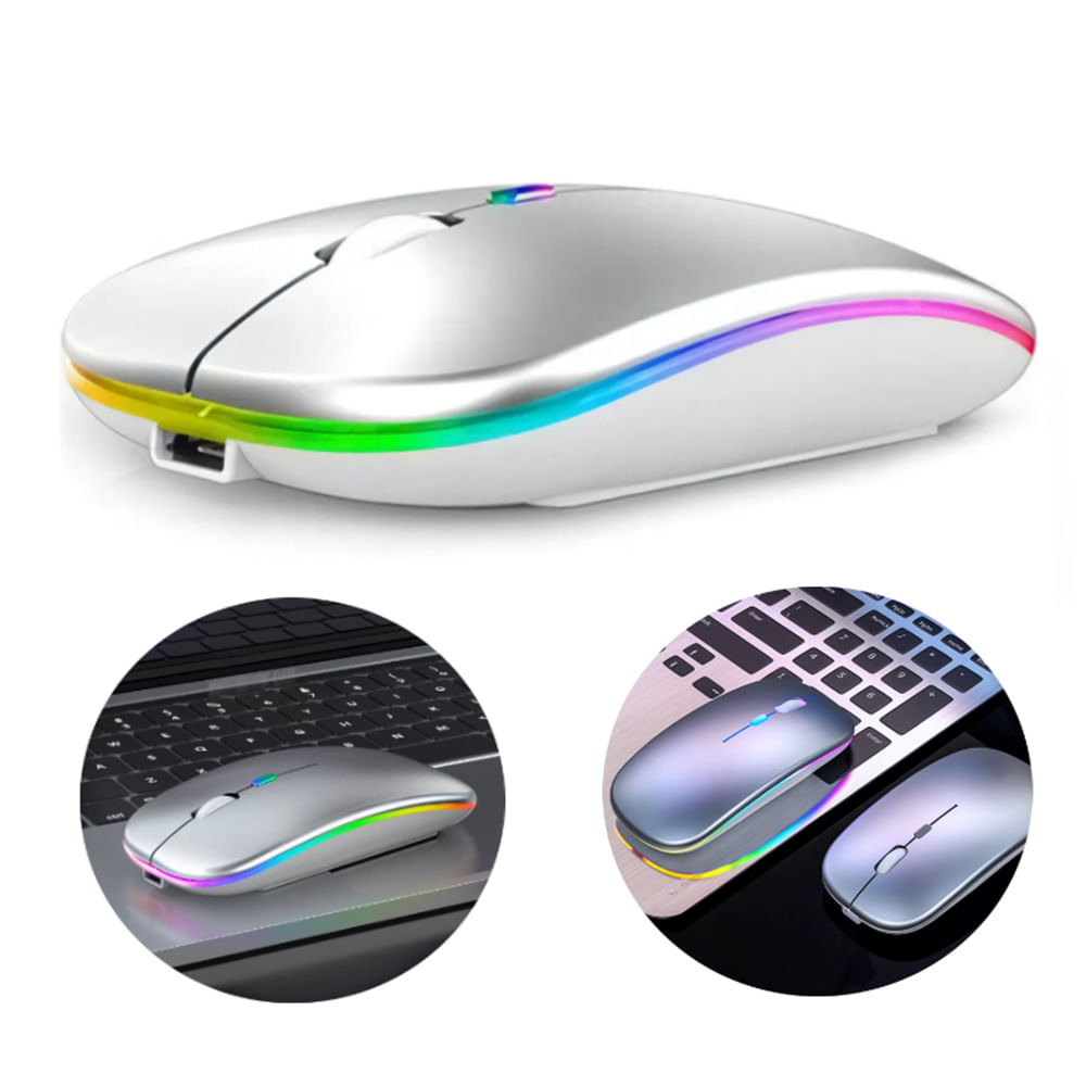 Mouse inalambrico recargable usb, led 8 colores (rgb) Color Plateado ...