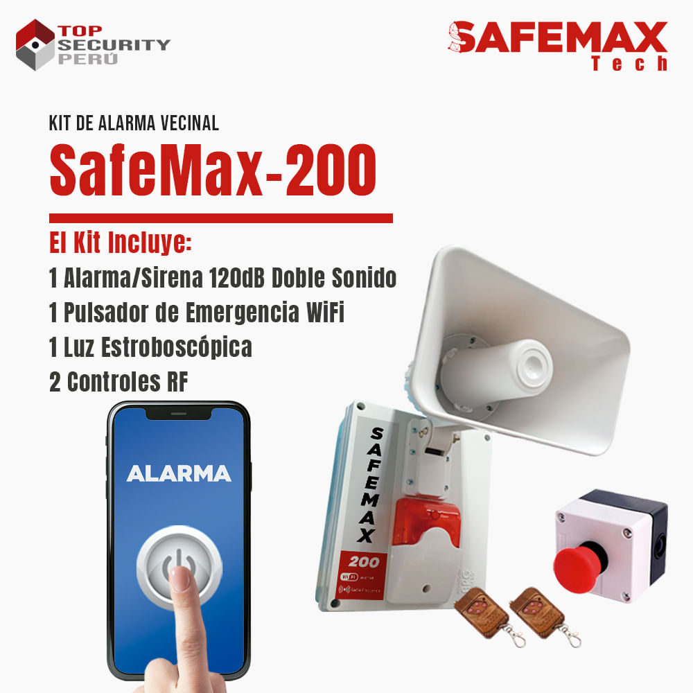 Alarma Vecinal SafeMax-200 Conexión WiFi Luz Estroboscópica y Controles ...