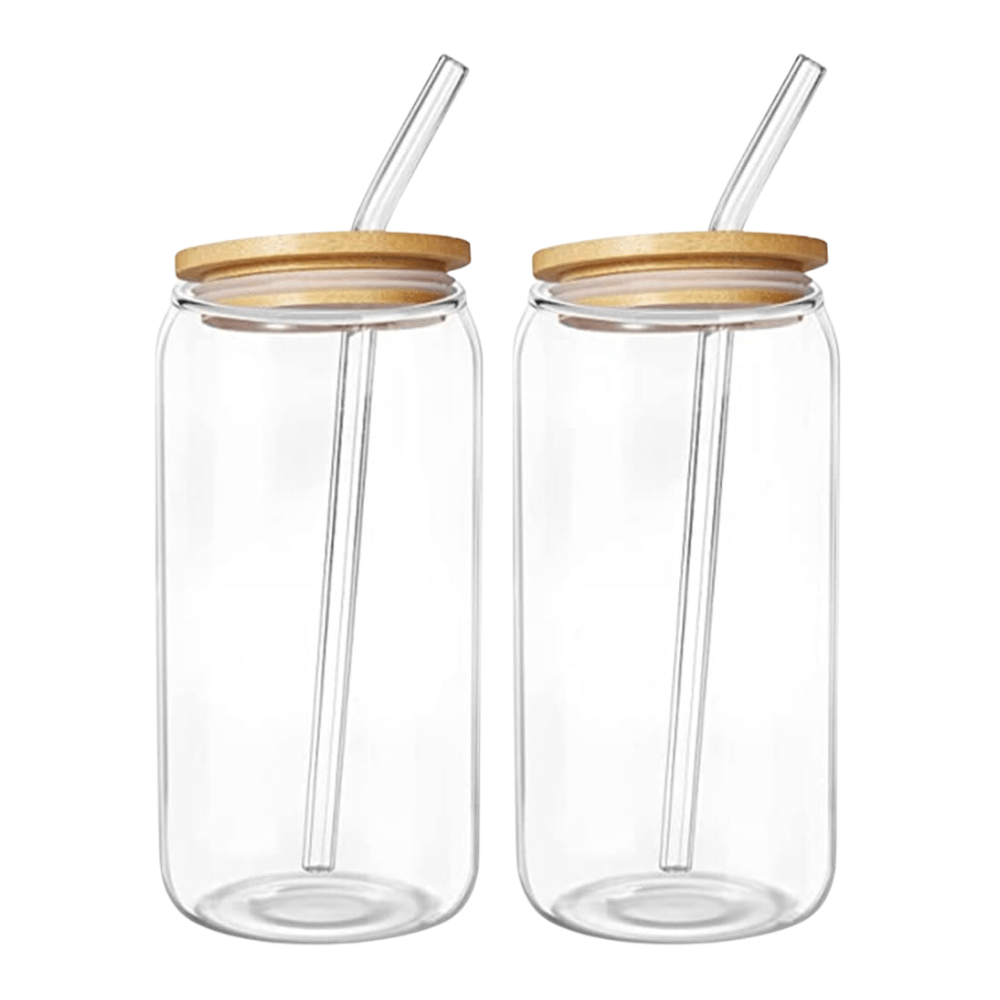 Set de 2 Vasos de Vidrio con Tapa de Bambú y Sorbete - Promart