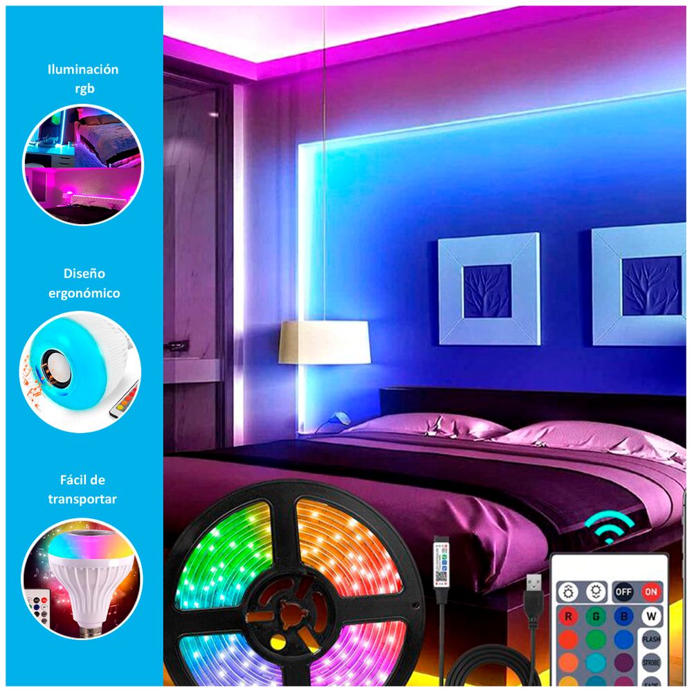 Cinta LED con Luces RGB + Foco RGB con Parlante Bluetooth - Promart