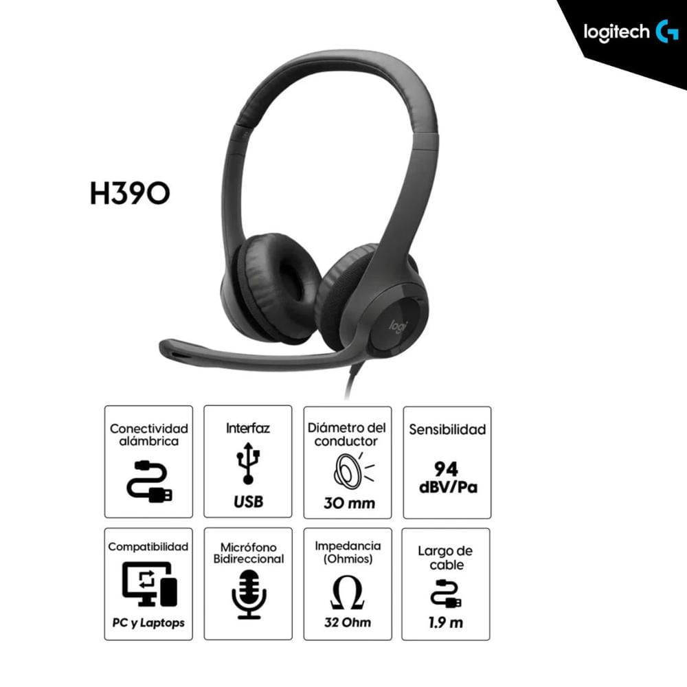 Auriculares C/MICRÓFONO LOGITECH H390 / Conexión USB, BLACK - Con ...