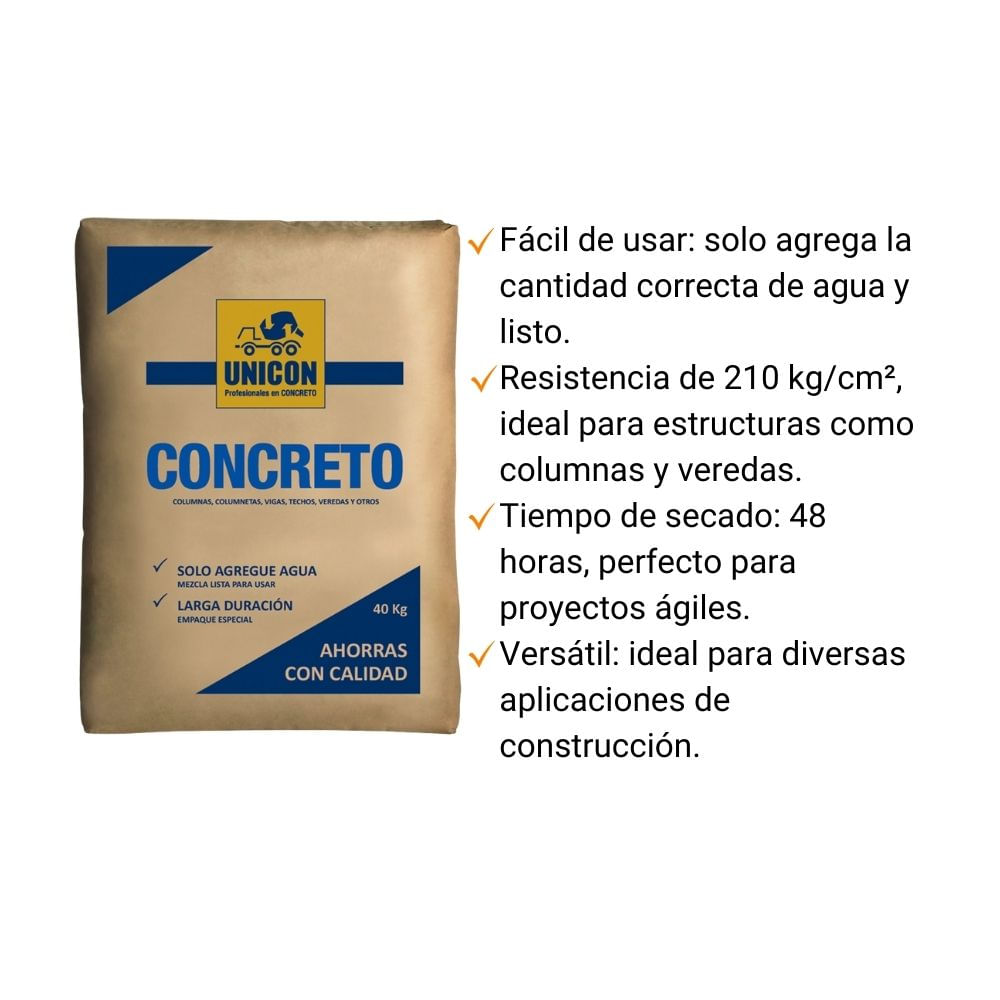 Concreto Cemento Unicon Fácil 210 Embolsado 40 kg - Promart