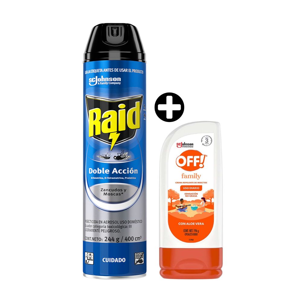 COMBO Raid aerosol doble acción 400ml + Repelente en crema Off Family ...