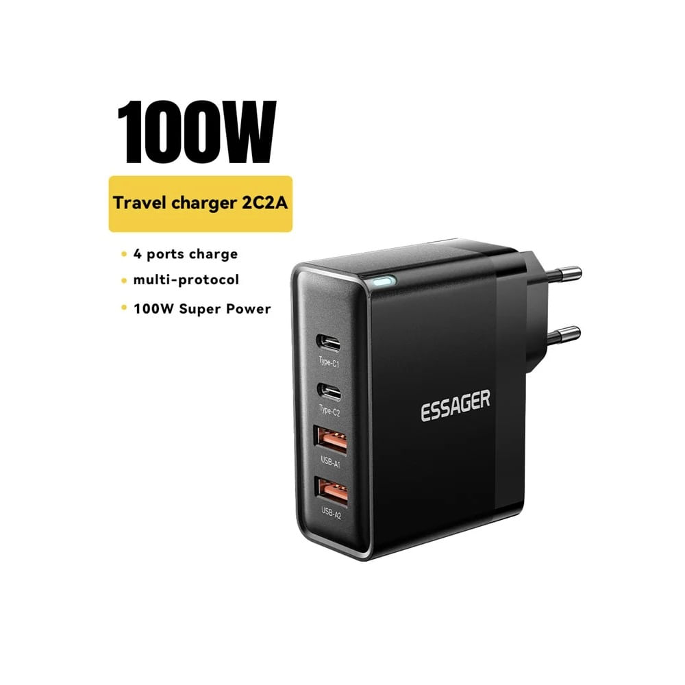 Cargador Essager 100W GaN USB tipoC QC carga rápida 4,0 IOS Android EU ...