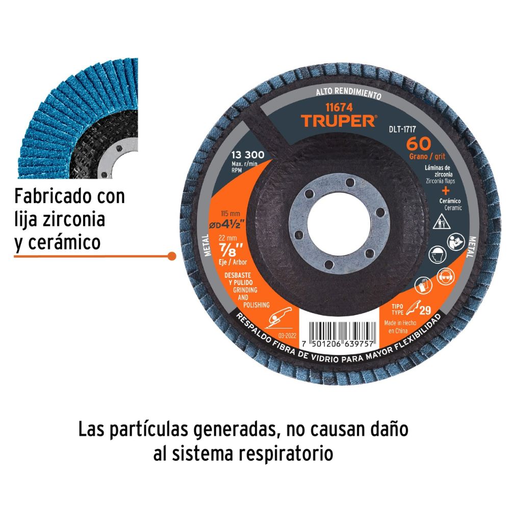 Disco flap polifan 4-1/2" laminado grano 60 centro 7/8", TRUPER - Promart