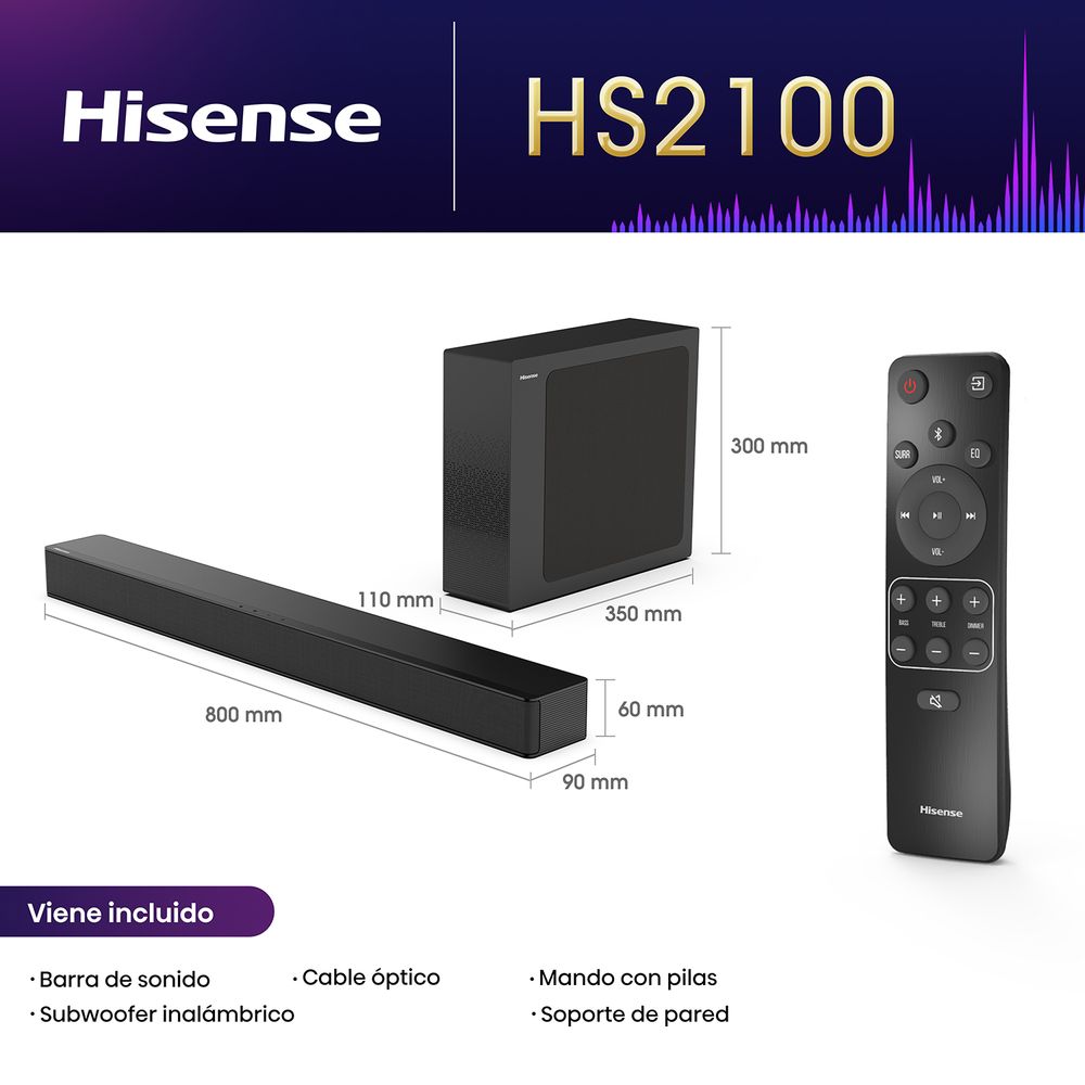 Soundbar Hisense HS2100 2.1CH Negro - Promart