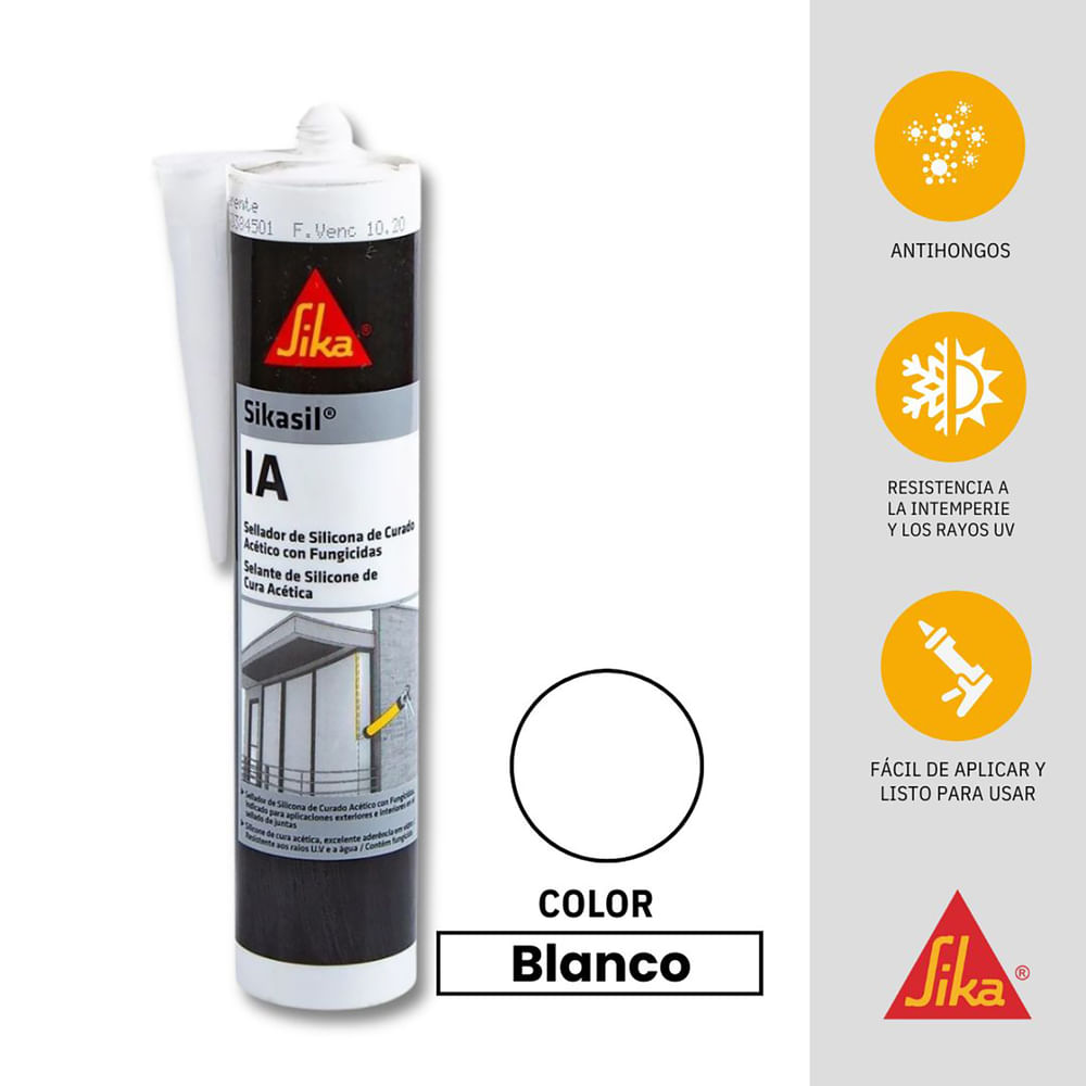 Sellante de Silicona Acética con Fungicidas Sikasil IA Blanco 280ml - Promart