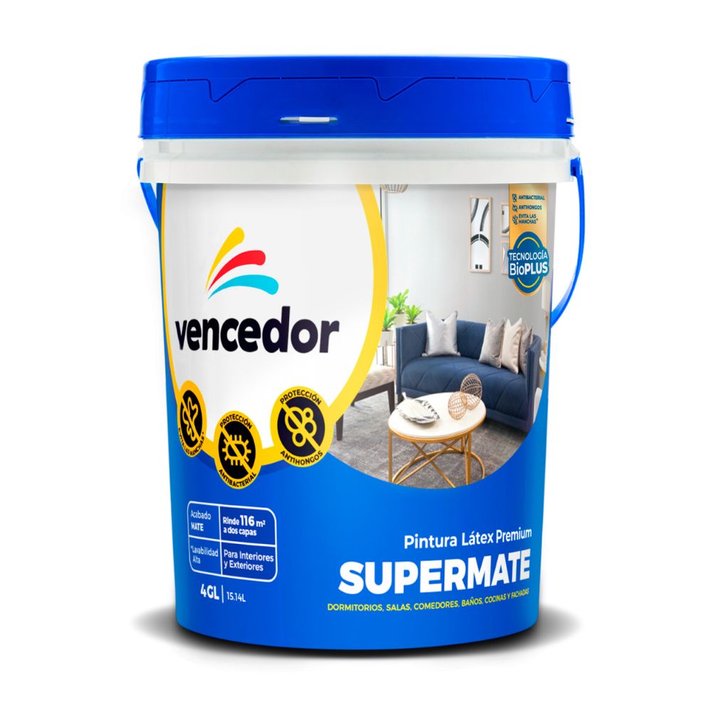 COMBO Supermate antibacterial nuevo Blanco Decora 4 galones Vencedor + Sellador CPP 4 galones ...