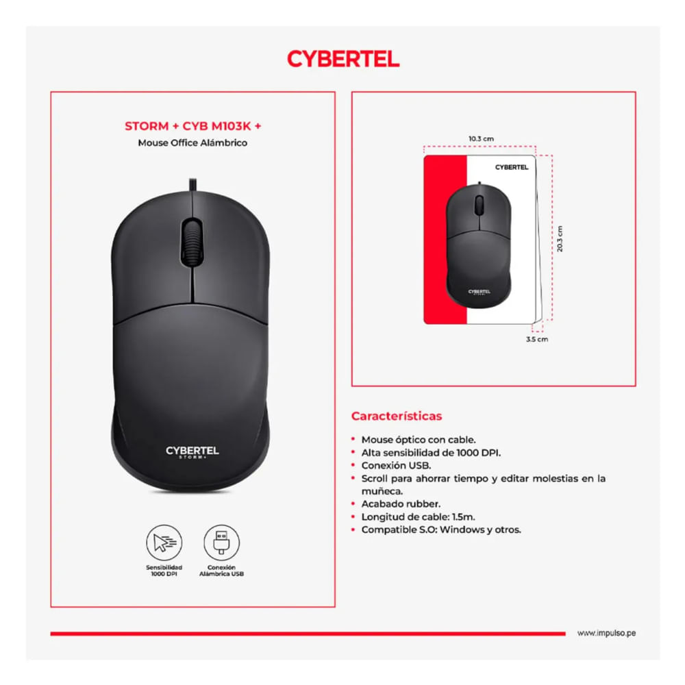 Mouse Storm Black M103K USB 1000DPI Cybertel | Promart.pe - Promart
