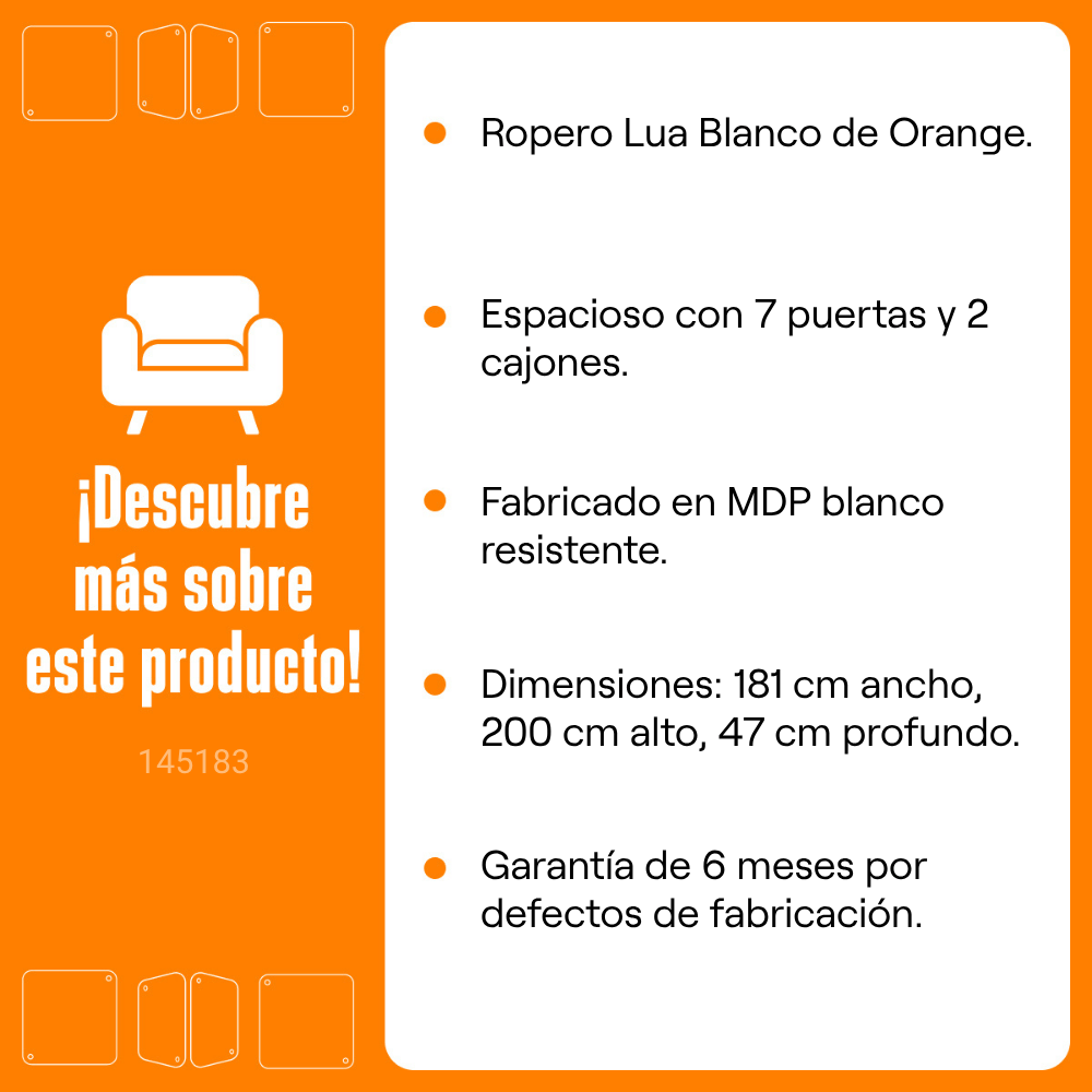 Ropero Lua 7 Puertas 2 Cajones MDP Blanco Orange - Promart