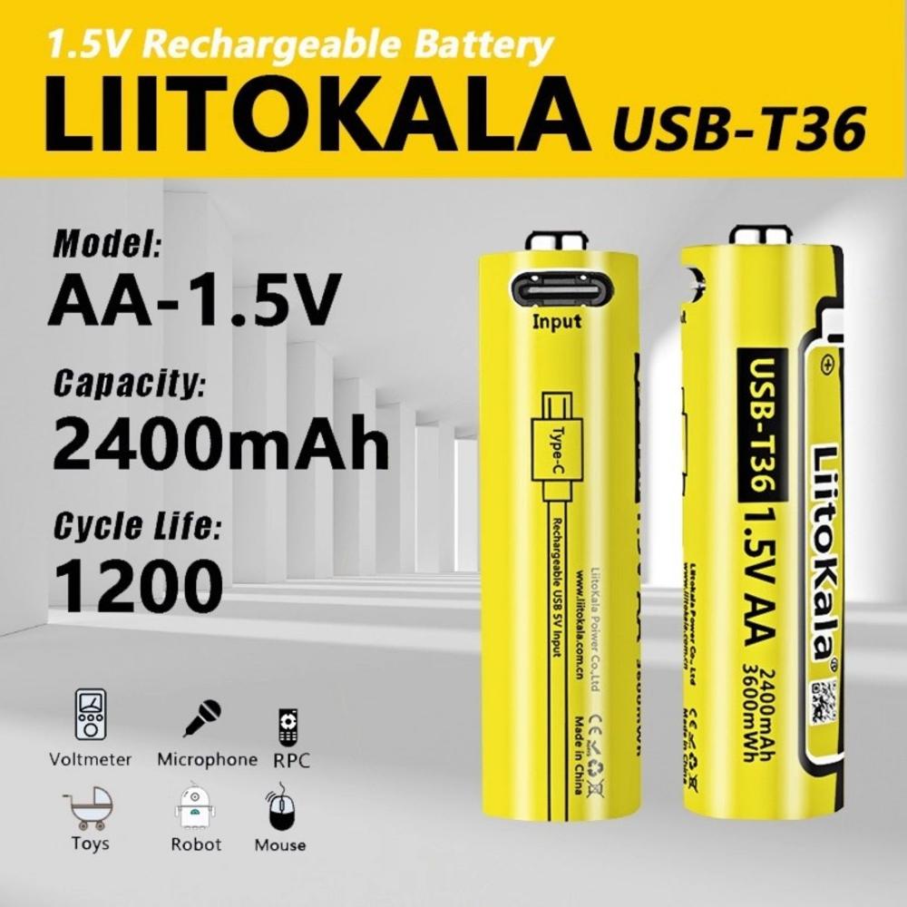 Pila AA Recargable USB 1.5V LiitoKala 2400mAh para Control Remoto y ...
